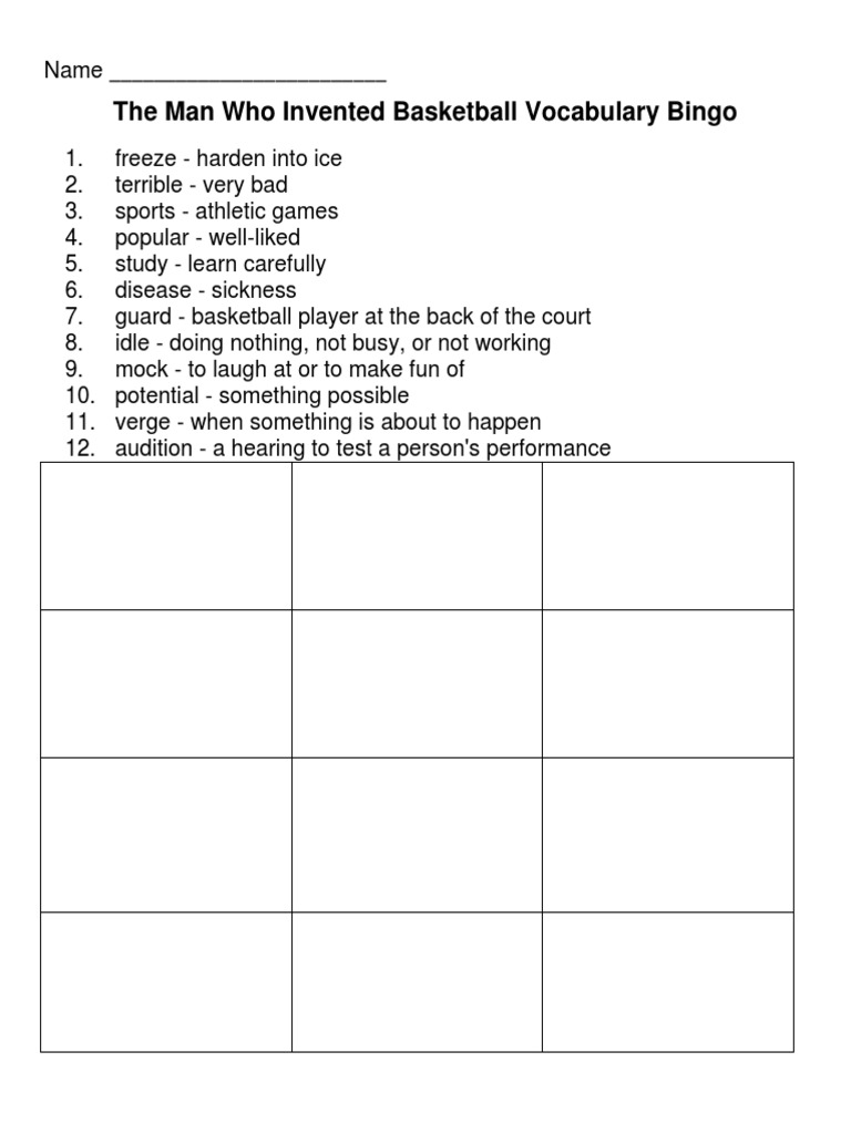 The Man Who Invented Basketball Vocabulary Bingo | PDF