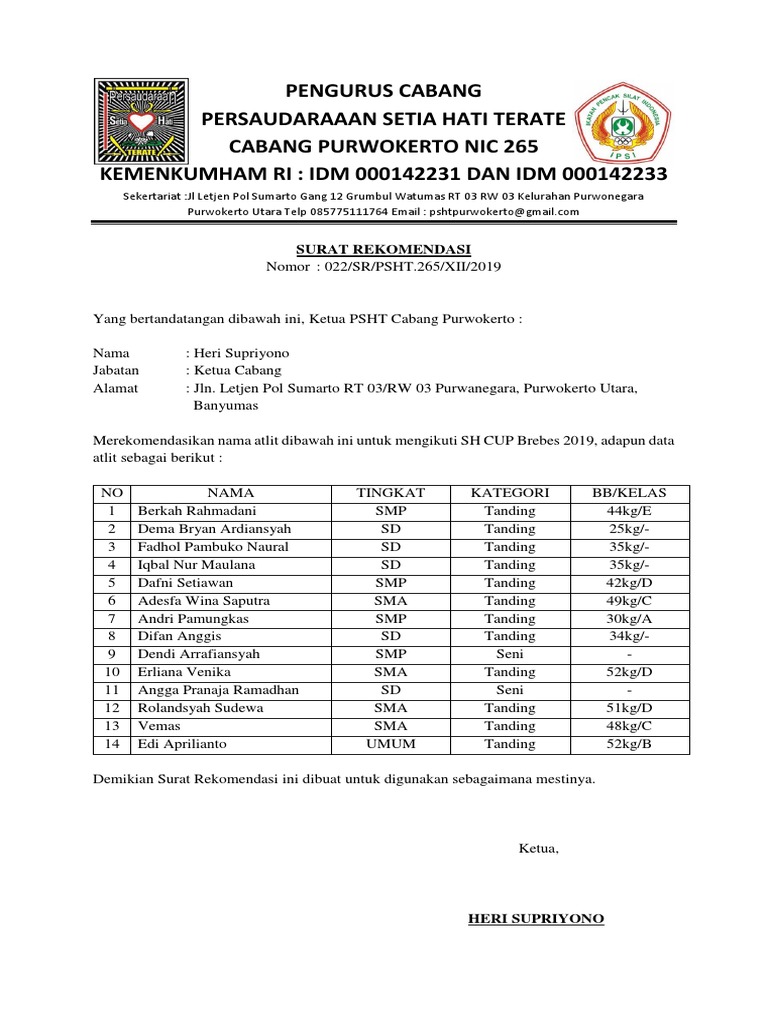 Surat Rekomendasi Atlit SH CUP | PDF