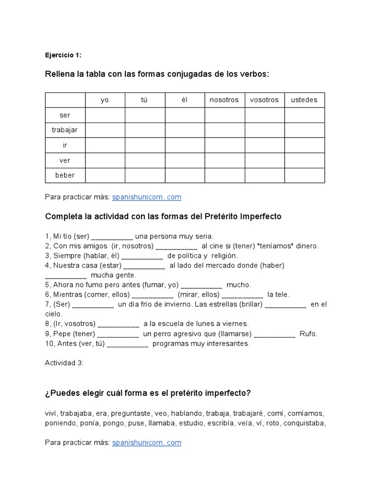 Preterito Imperfecto Ejercicios 2 | PDF