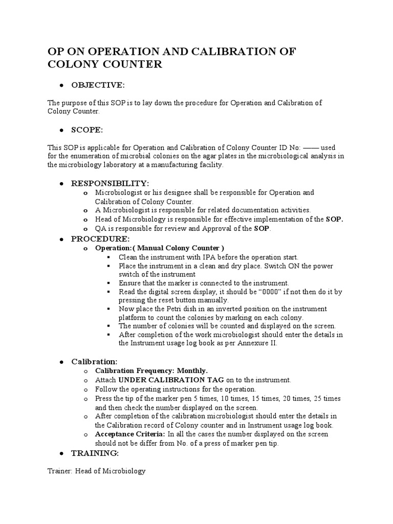 Micro 3 Sop On Operation and Calibration of Colony Counter | PDF