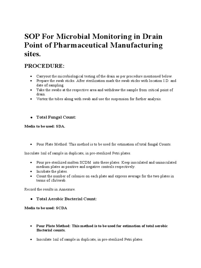 MICRO 4 SOP For Microbial Monitoring in Drain Point of Pharmaceutical ...