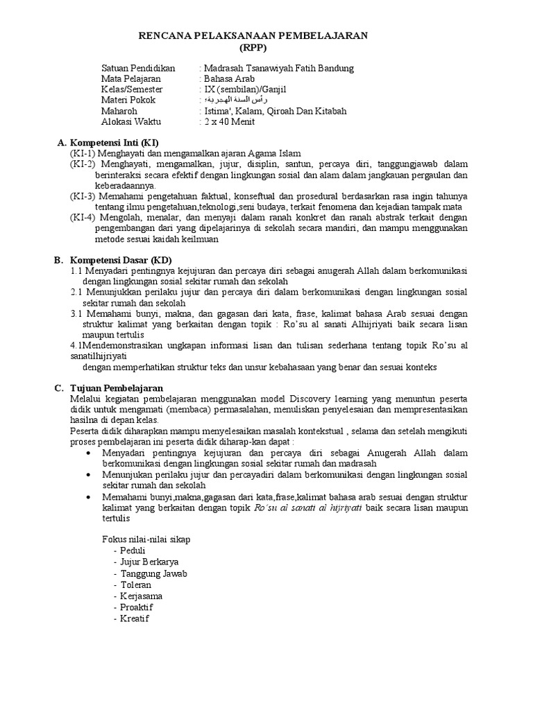 RPP Bahasa Arab | PDF | Seni & Disiplin Bahasa