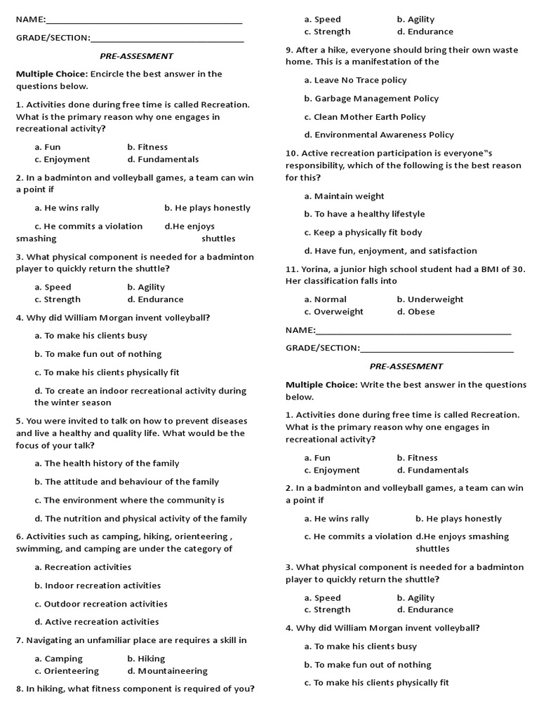 Pe Quarter 4 Pre-Assessment Test Sample Only | PDF