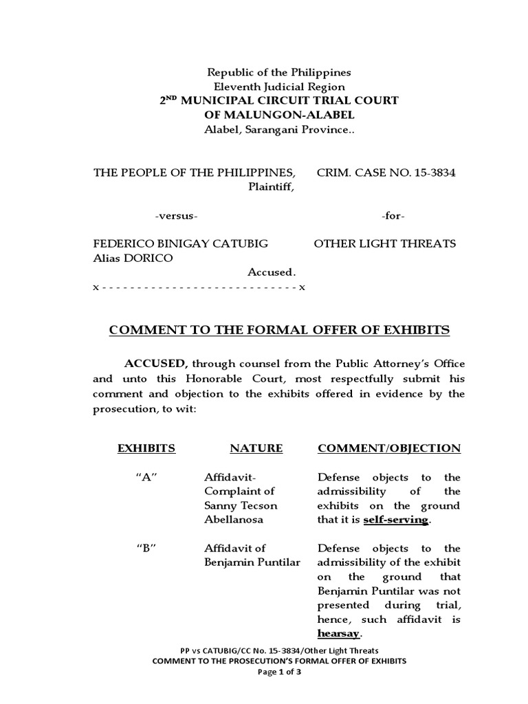 Comment To Formal Offer - Catubig | PDF