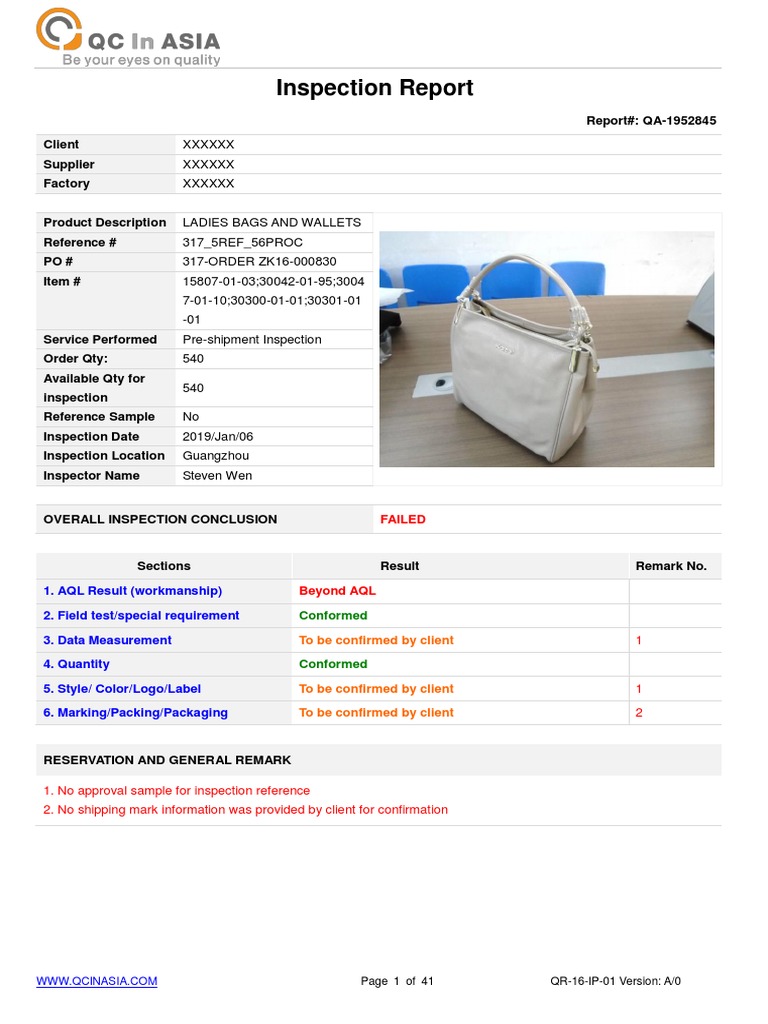 Ladies Bags Quality Inspection Report | PDF