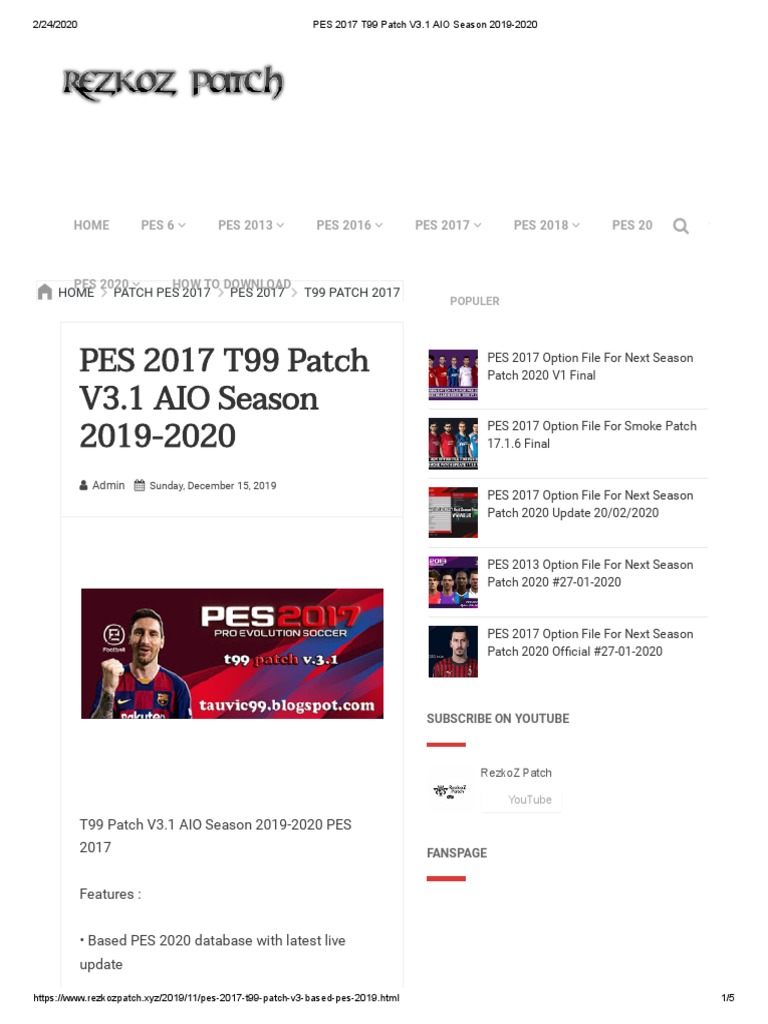 PES 2017 T99 Patch V3.1 AIO Season 2019-2020 | PDF
