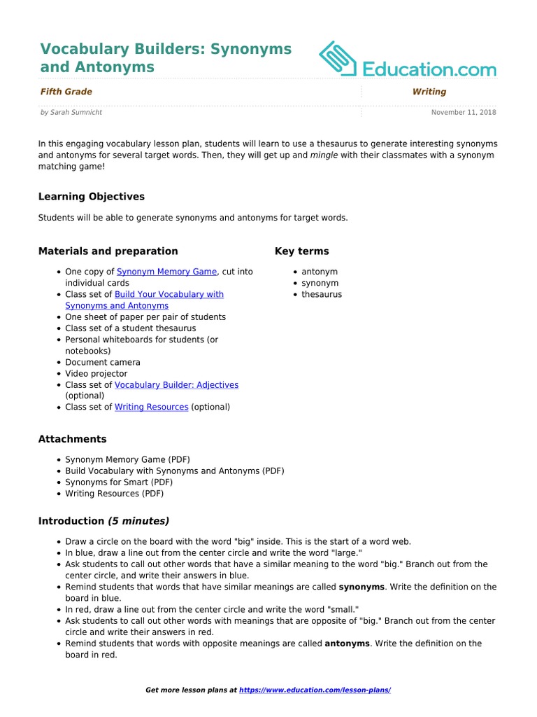 Vocabulary Builders Synonyms and Antonyms PDF | PDF