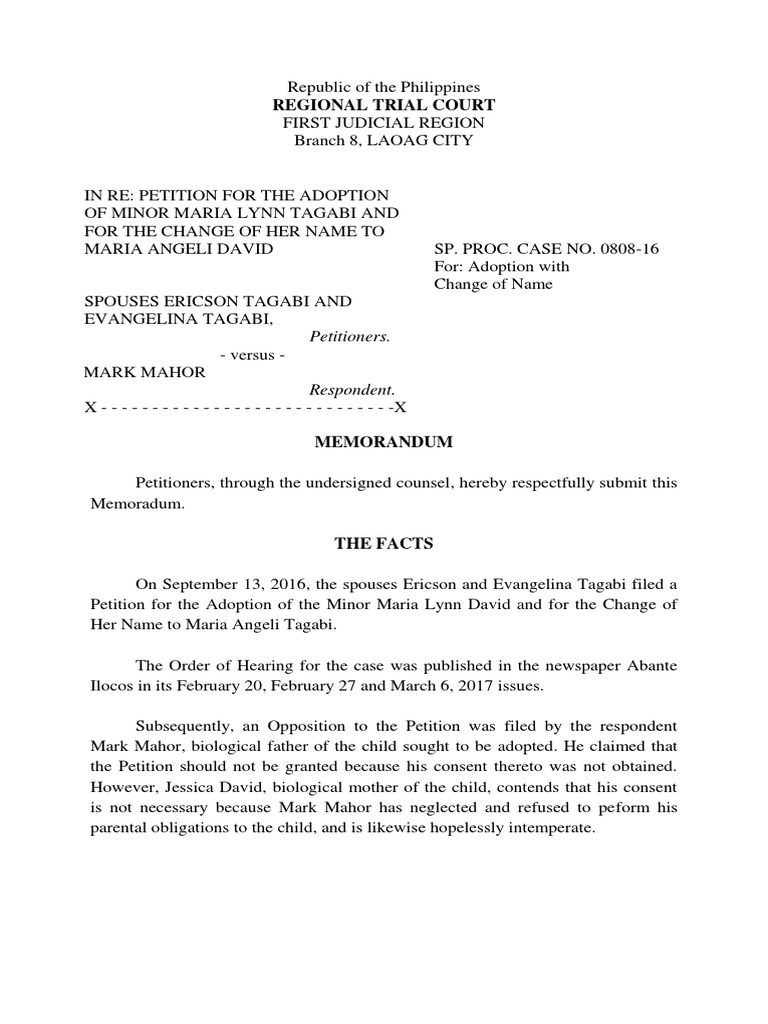 Sample Trial Memorandum of Petitioners (Adoption Case) | PDF