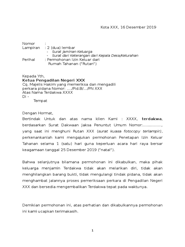 Draft Permohonan Izin Keluar RUTAN XXX | PDF | Ilmu Sosial | Hukum