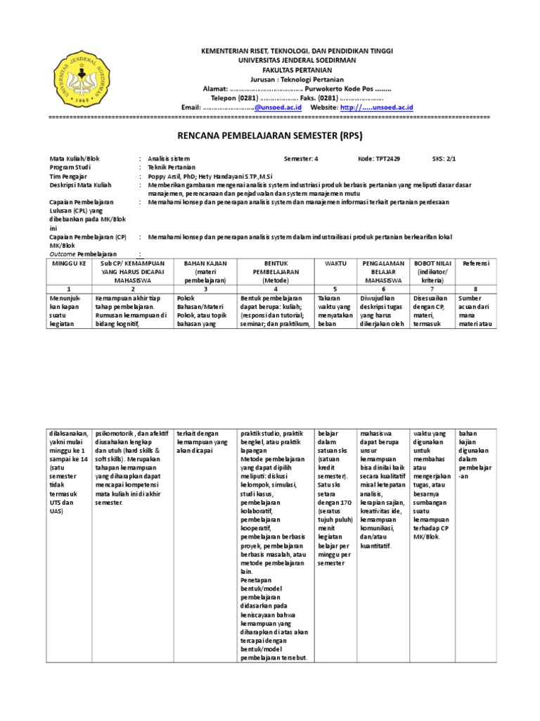 TEMPLATE RENCANA PEMBELAJARAN SEMESTER (RPS) UNSOED-Fix | PDF | Komputer