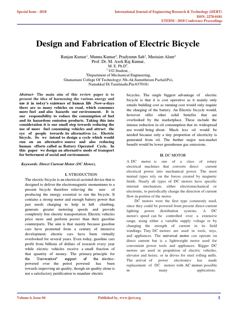 Design and Fabrication of Electric Bicycle IJERTCONV6IS04057 PDF | PDF