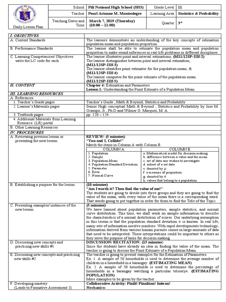 Grade 11 Statistics Lesson Plan | PDF