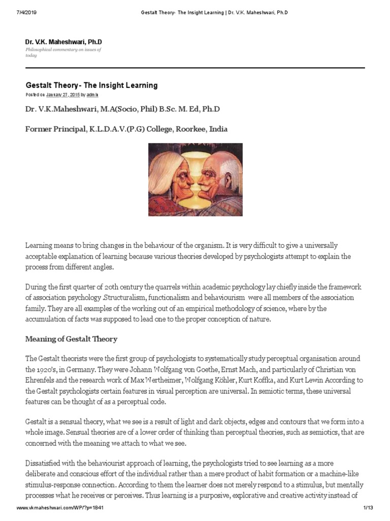Gestalt Theory - The Insight Learning - Dr. V.K. Maheshwari, PH.D | PDF