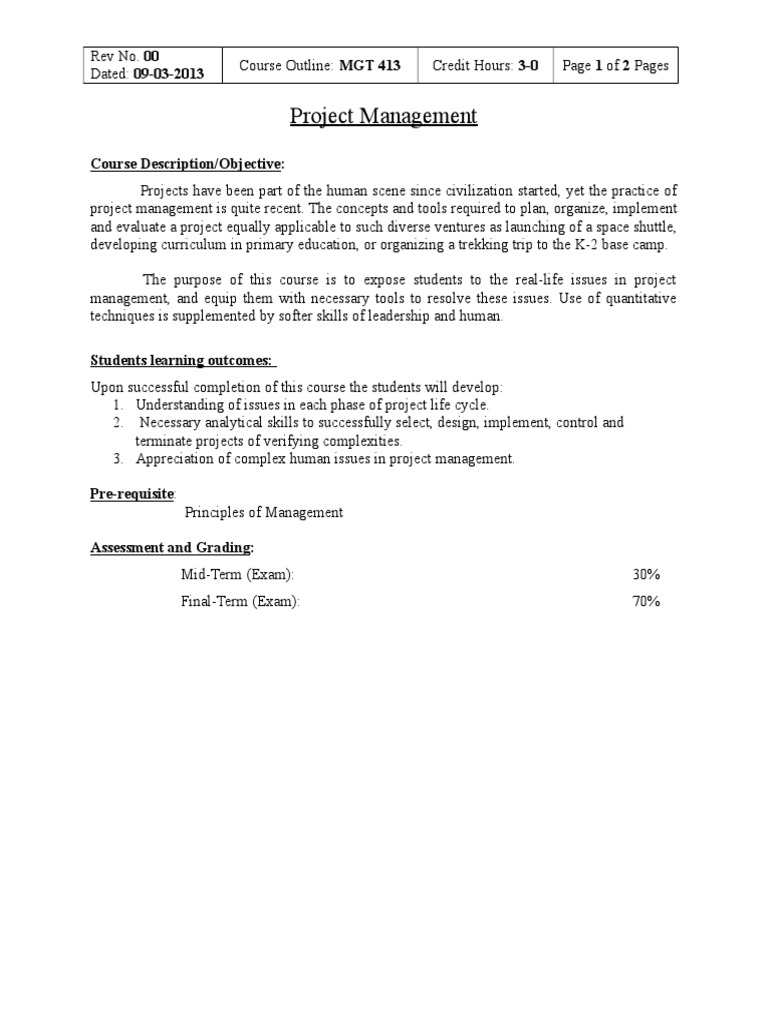Project Management MGT 413 Outline | PDF