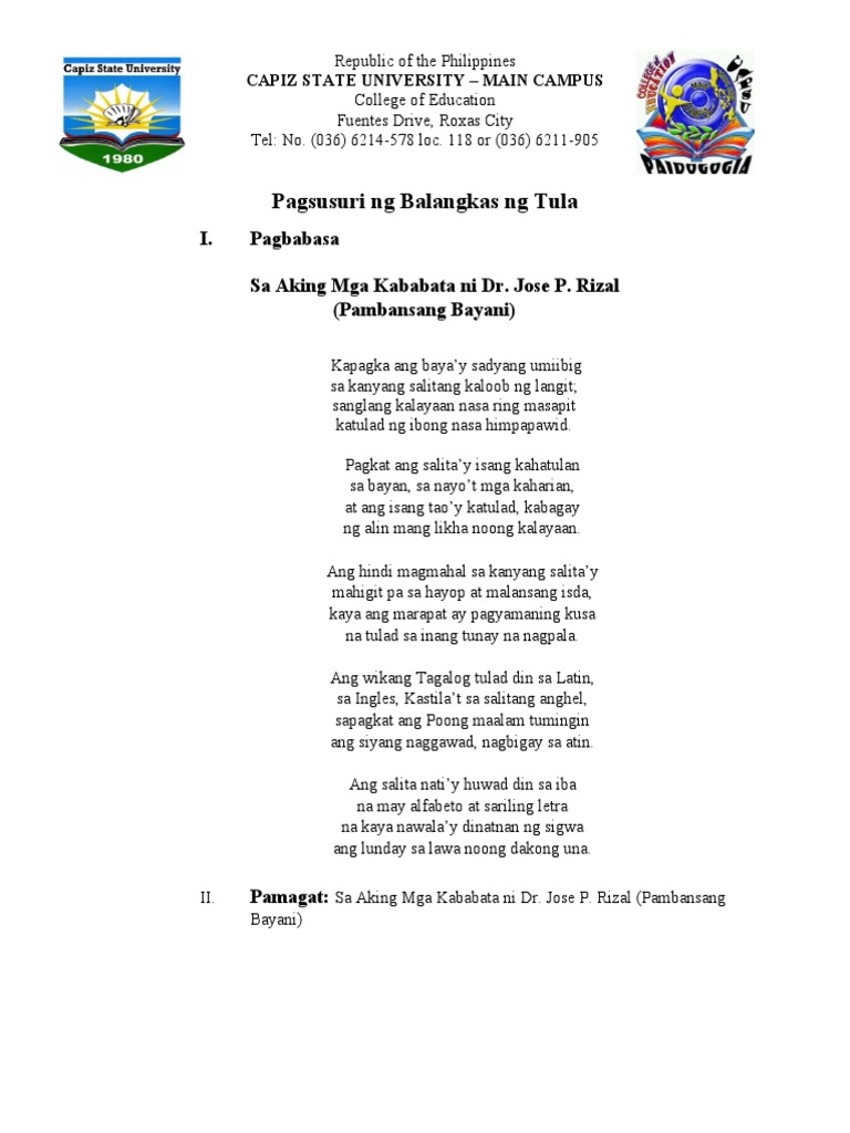 Pagsusuri Sa Tulang Sa Aking Mga Kababata Ni Dr. Jose P. Rizal | PDF