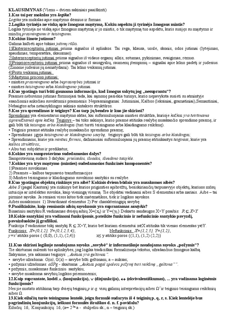 Logikos Klausimai Ir Atsakymai Egzaminui (Mokslobaze - LT) | PDF