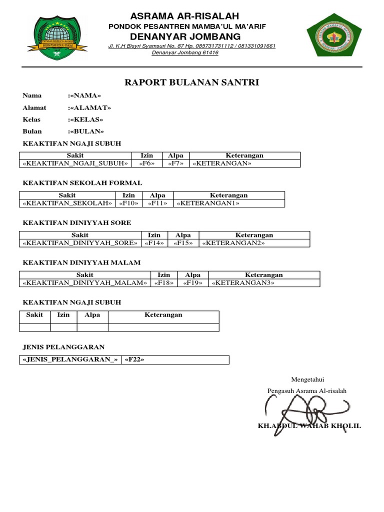 Raport Bulanan Santri 1 | PDF