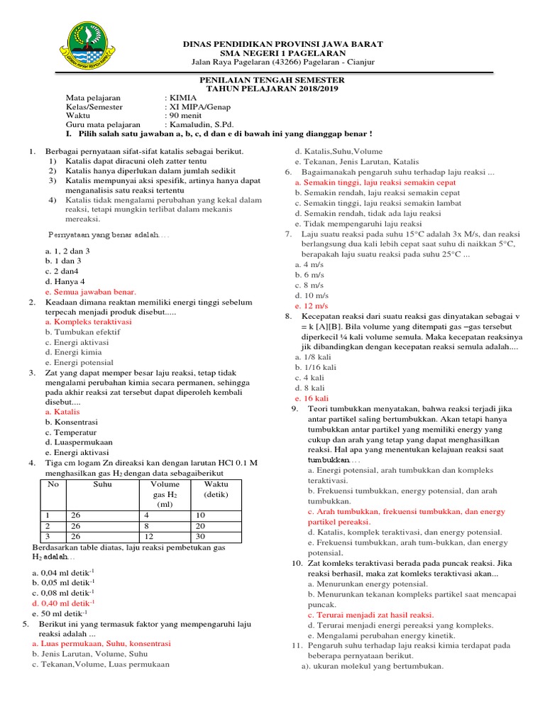 Soal PTS Kimia Xi Fiks | PDF | Sains & Matematika
