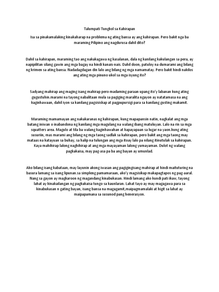 Talumpati Tungkol Sa Kahirapan