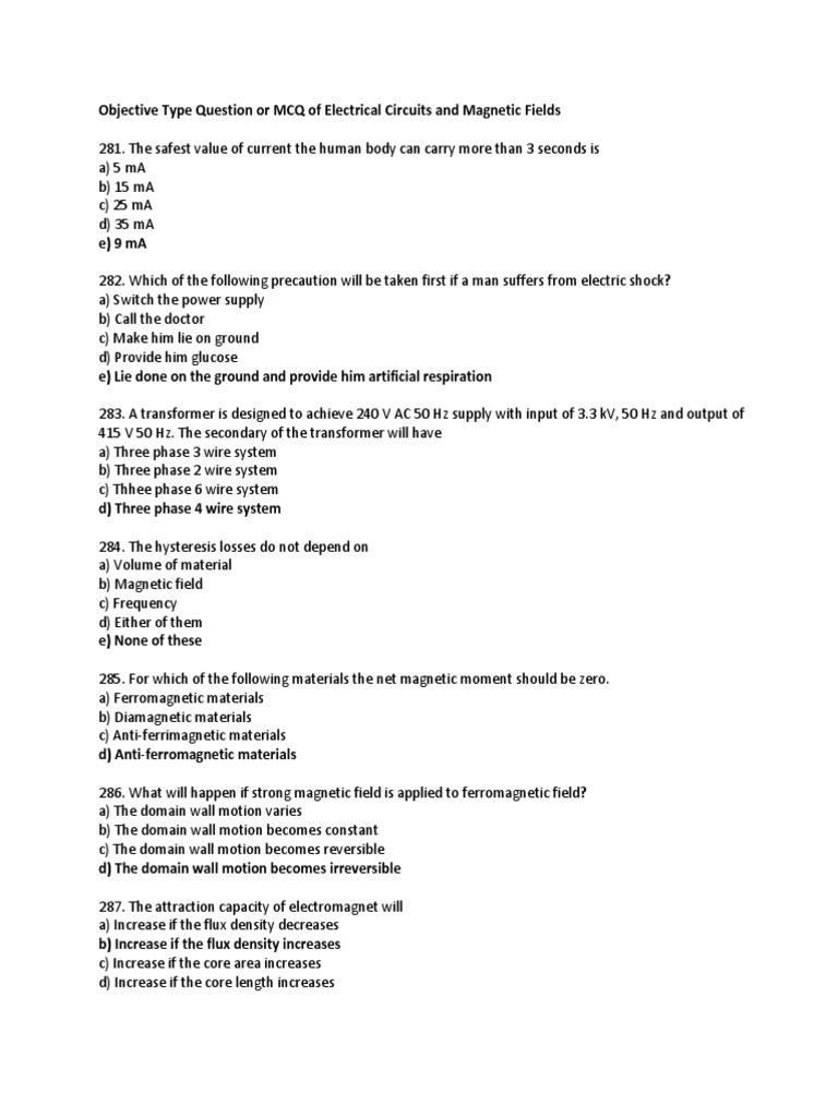 Objective Type Question or MCQ of Electrical Circuits and Magnetic ...