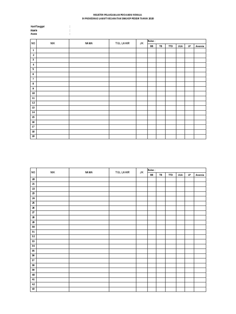 Form Register Posyandu Remaja | PDF