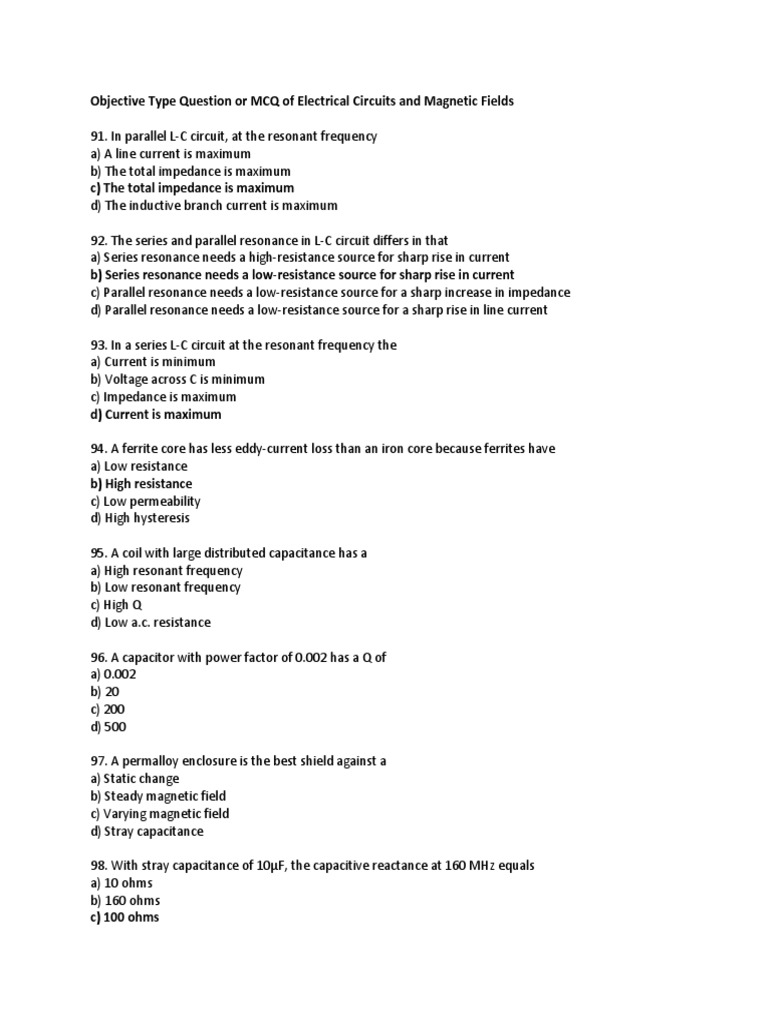 Objective Type Question or MCQ of Electrical Circuits and Magnetic ...