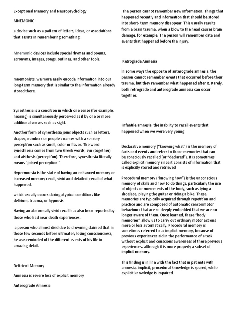 Exceptional Memory and Neuropsychology | PDF