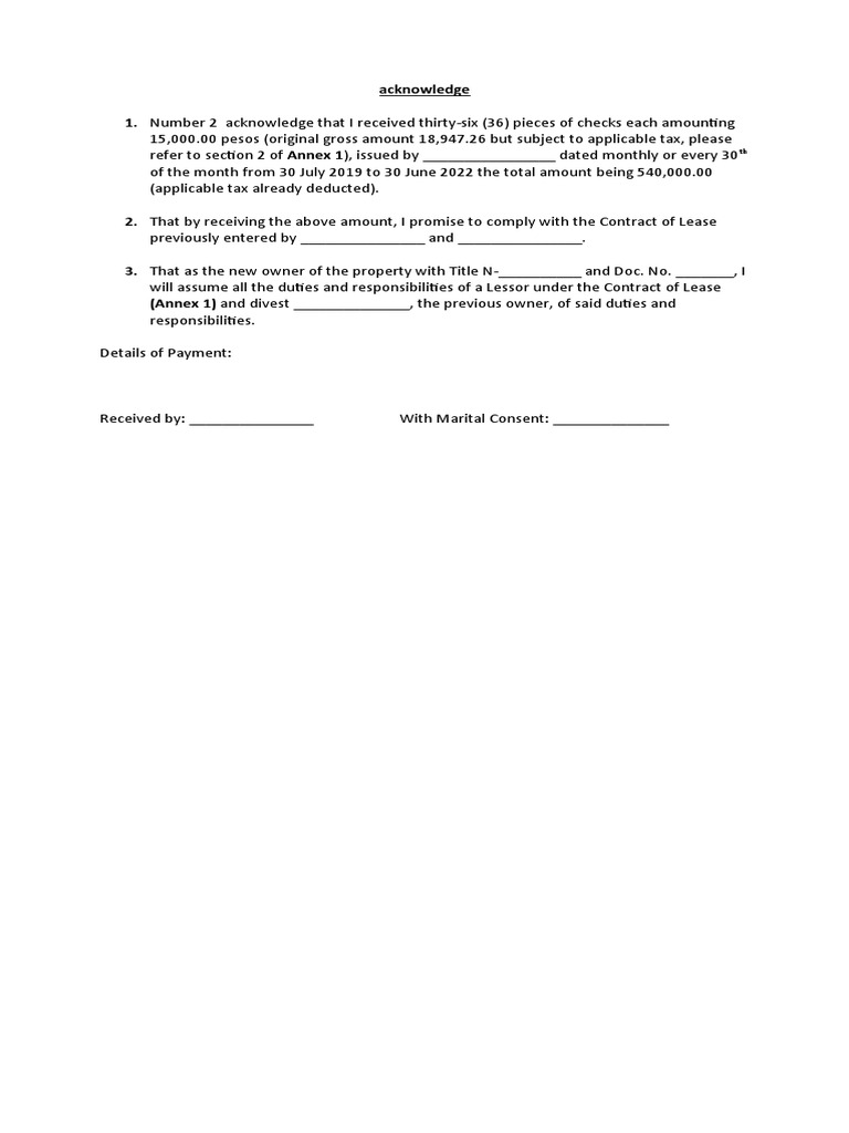Acknowledgement of Property Lease Payment and Assumption of Lessor ...