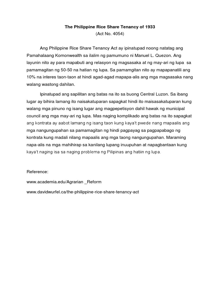 The Philippine Rice Share Tenancy of 1933 | PDF
