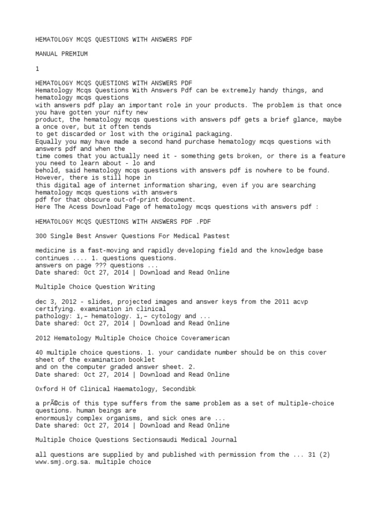 HEMATOLOGY MCQS QUESTIONS WITH ANSWERS PDF Hematology Mcqs Questions ...