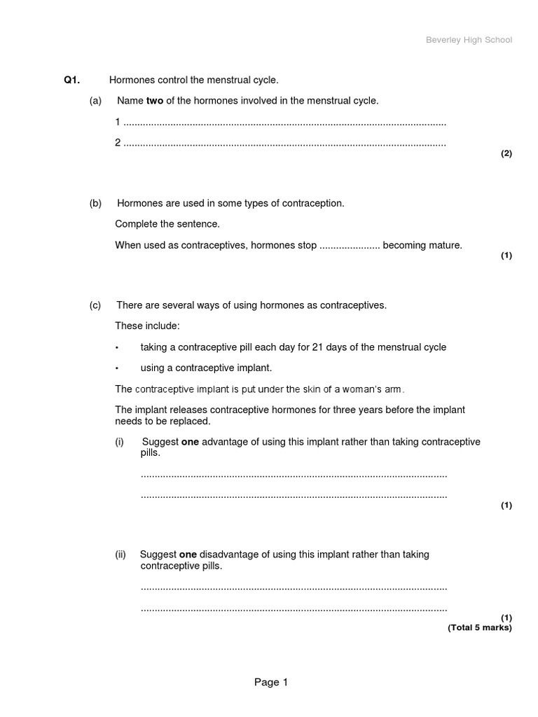 Menstrual Cycle Exam-Style Questions (+ Mark Scheme) IGCSE Biology Year ...