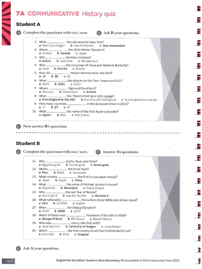 History Quiz - Was Were | PDF
