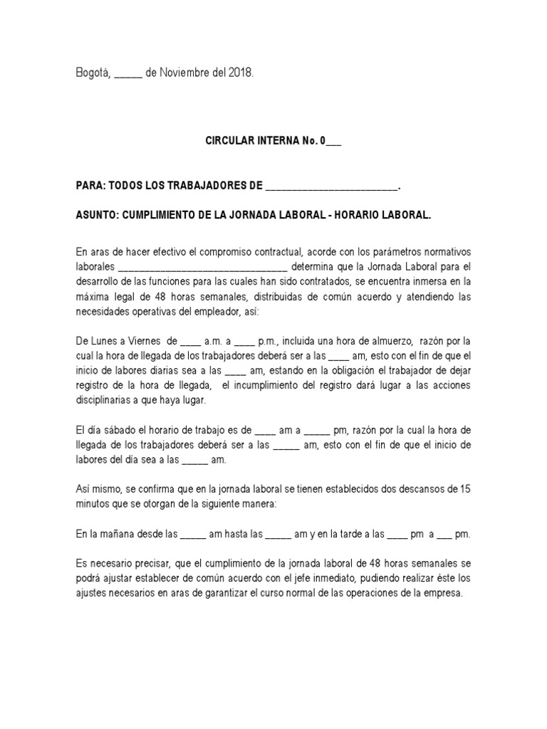 Circular - Jornada Laboral - Horario de Trabajo | PDF