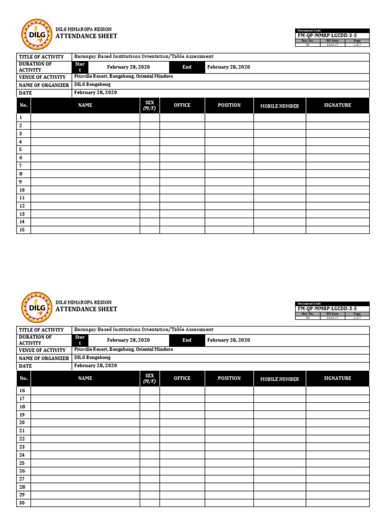 ISO Attendance Sheet BBI Assessment | PDF