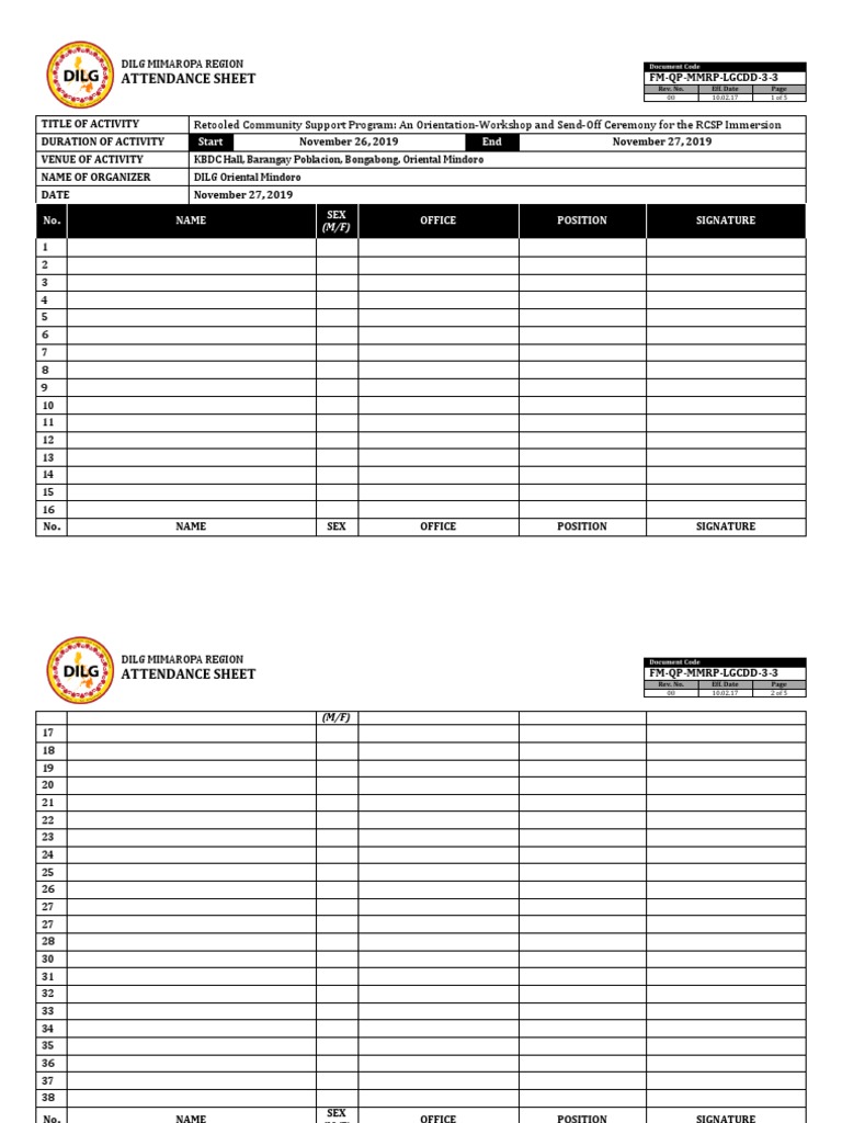 RCSP Orientation-Workshop Attendance Sheet | PDF