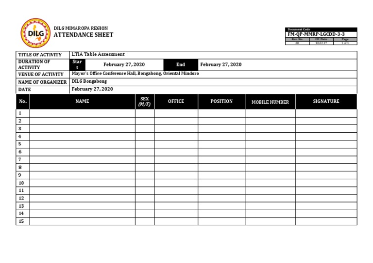 ISO Attendance Sheet LTIA Assessment | PDF