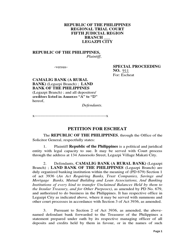 PETITION FOR ESCHEAT by Antonio Bajar | PDF