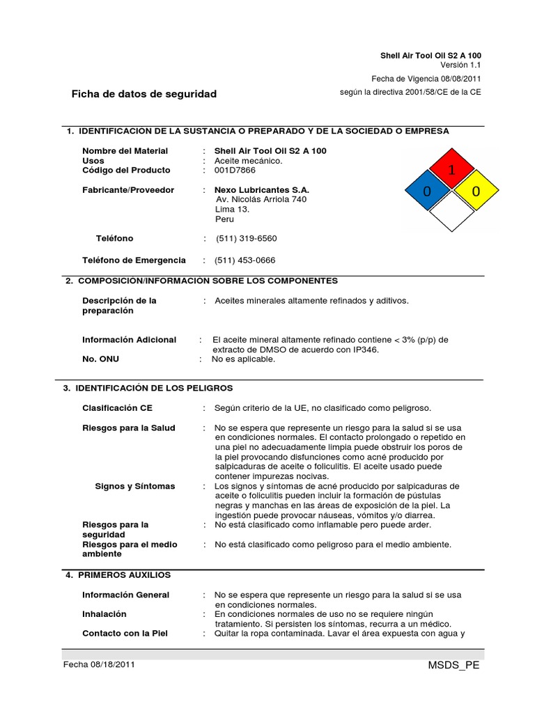 MSDS Shell Air Tool Oil S2 A 100 ES | PDF