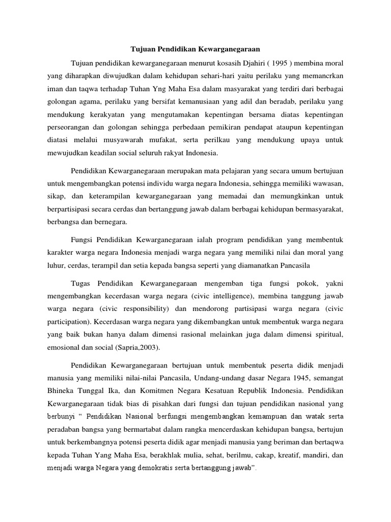 Tujuan Pendidikan Kewarganegaraan | PDF
