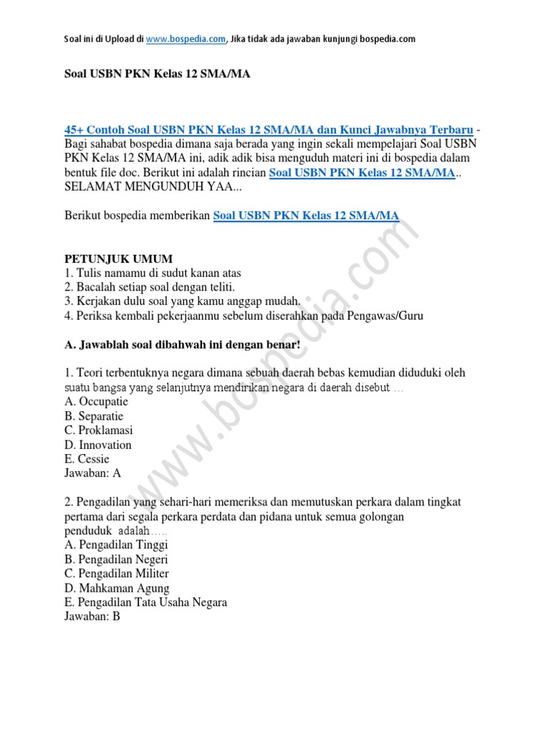 45+ Contoh Soal USBN PKN Kelas 12 SMA MA Dan Kunci Jawabnyaa | PDF