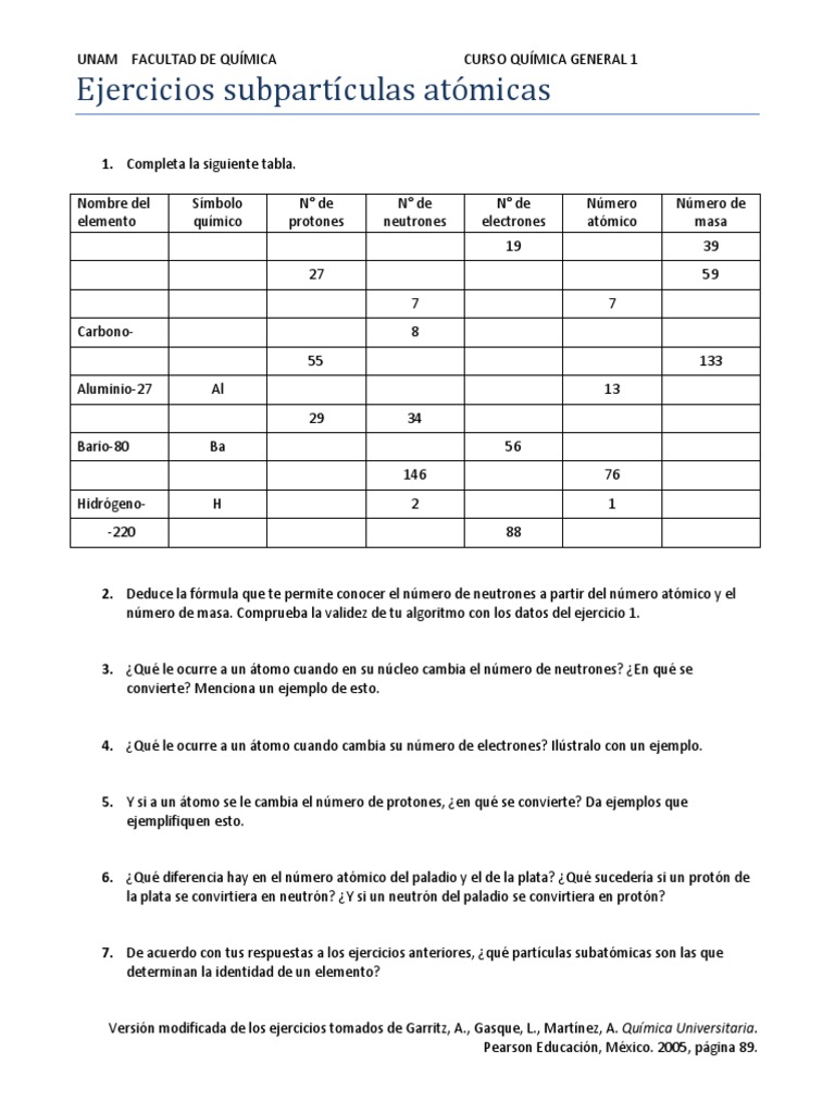 Ejercicios de Subpartículas Atómicas | PDF