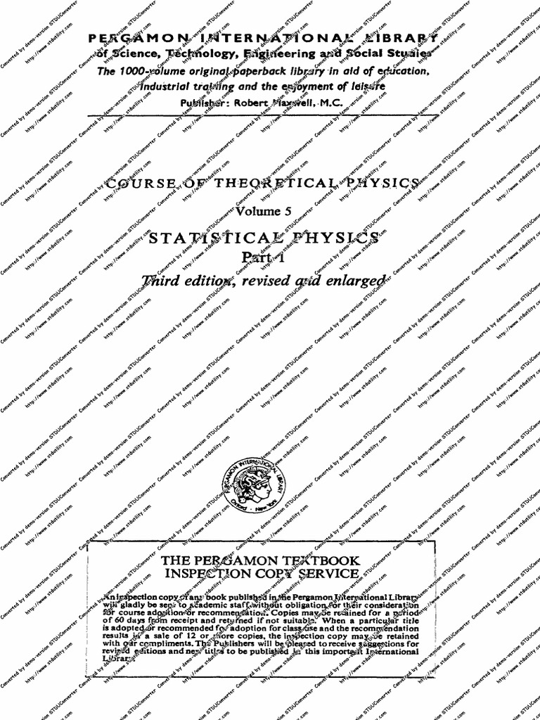 Landau, Lifshitz Vol. 5. Statistical Physics - Part 1 PDF | PDF