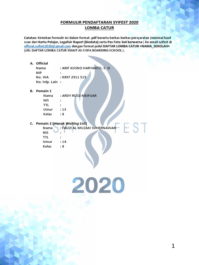 Pendaftaran Lomba Catur Syifest 2020 | PDF