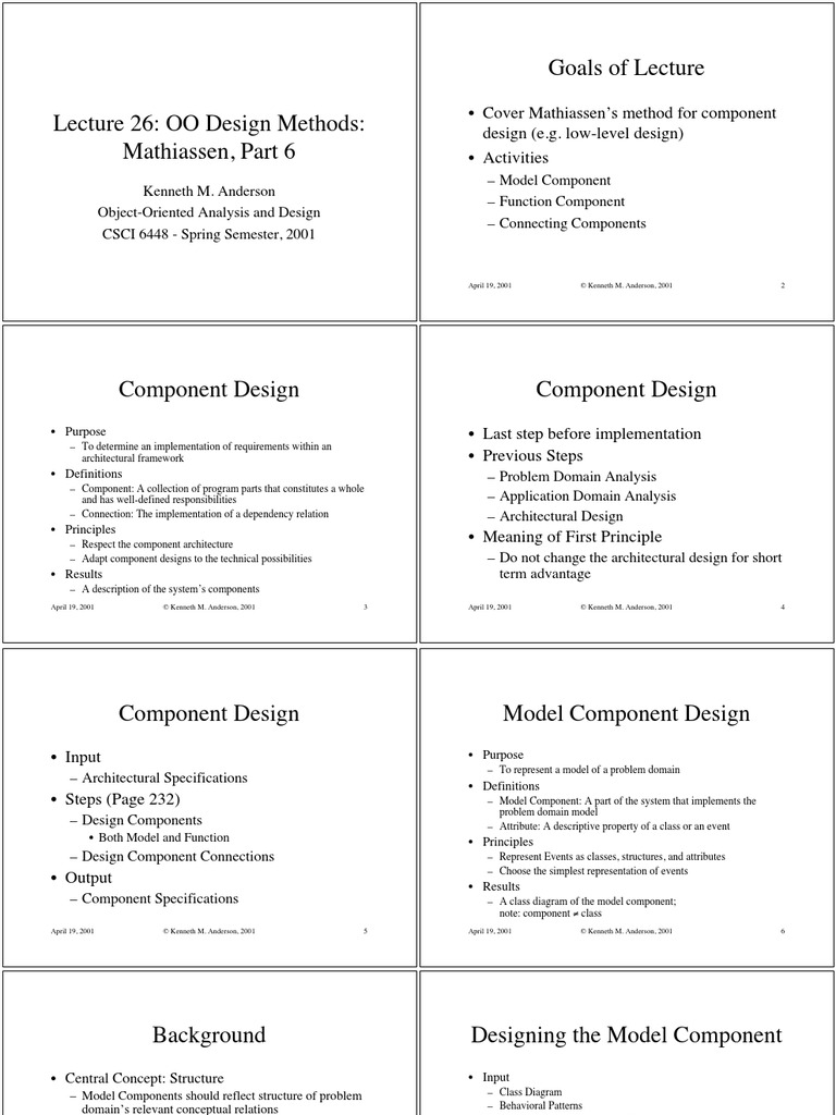 Goals of Lecture: - Cover Mathiassen's Method For Component Design (E.g. Low-Level Design ...