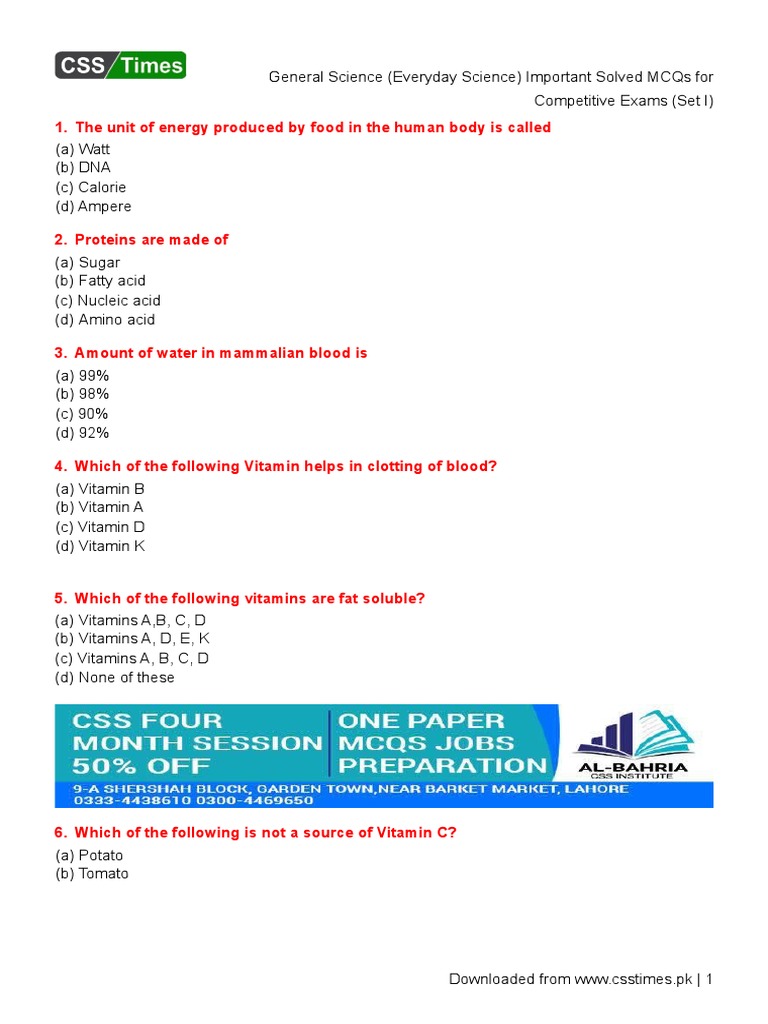 General Science (Everyday Science) Important Solved MCQs For ...