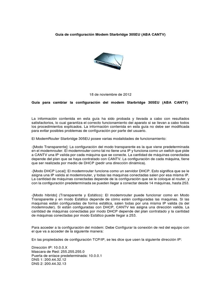 Configuración Modem Starbridge 305EU | PDF | Dirección IP ...