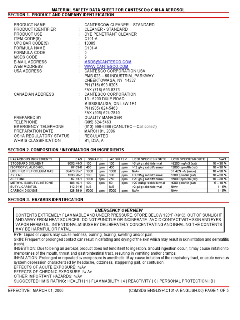 Cantesco Cleaner - C101-A - MSDS | PDF | Dangerous Goods | Firefighting