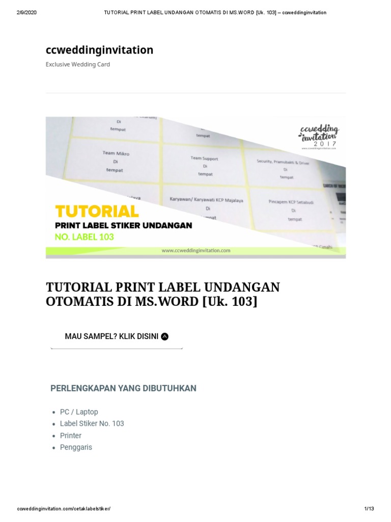 TUTORIAL PRINT LABEL UNDANGAN OTOMATIS DI MS - WORD (Uk. 103 ...