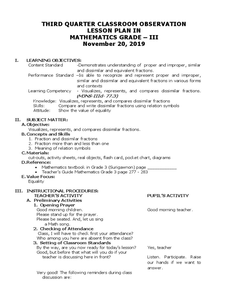 Grade 3 Math Lesson Plan: Fractions | PDF | Career & Growth | Language ...