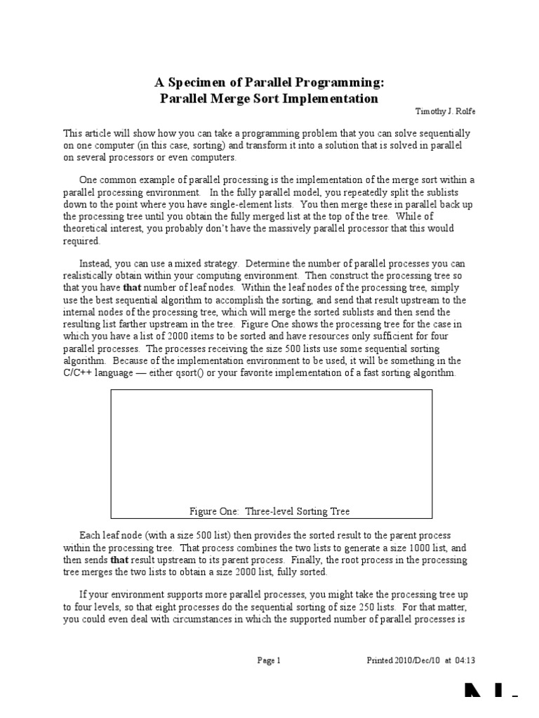 A Specimen Of Parallel Programming Parallel Merge Sort Implementation Pdf Message Passing